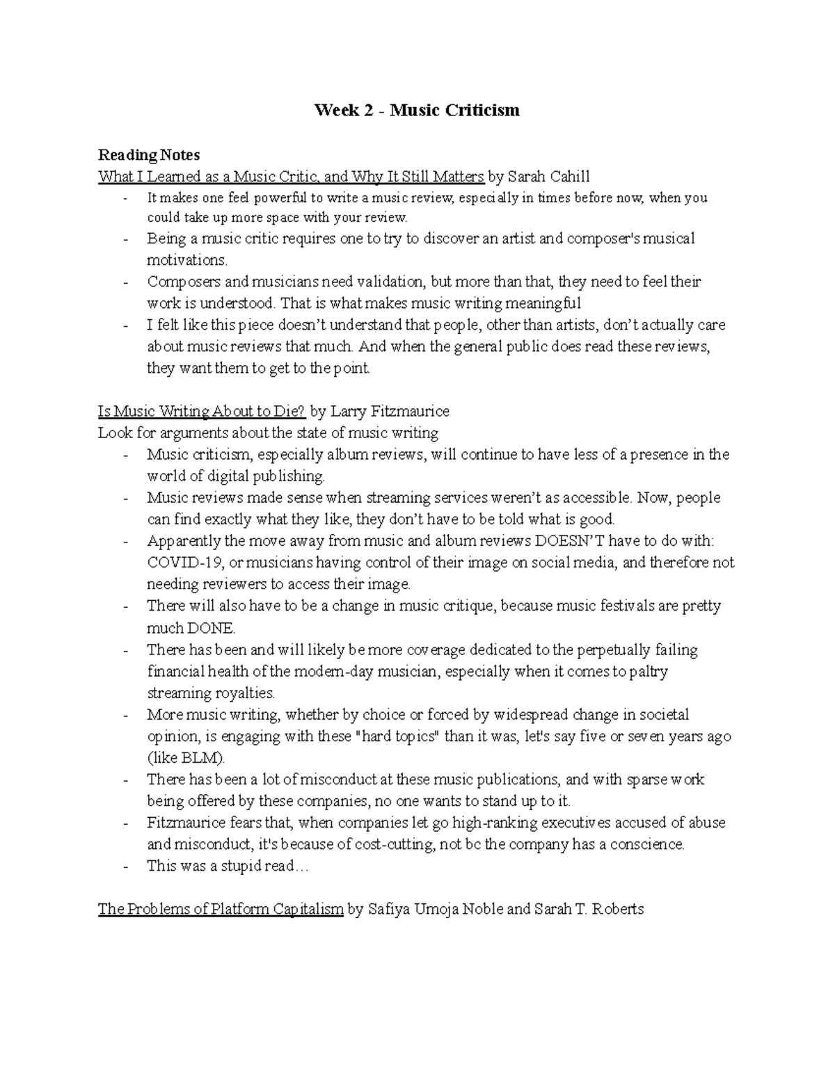 Reading Class Notes - Professor Pelly - Week 2 - Music Criticism ...