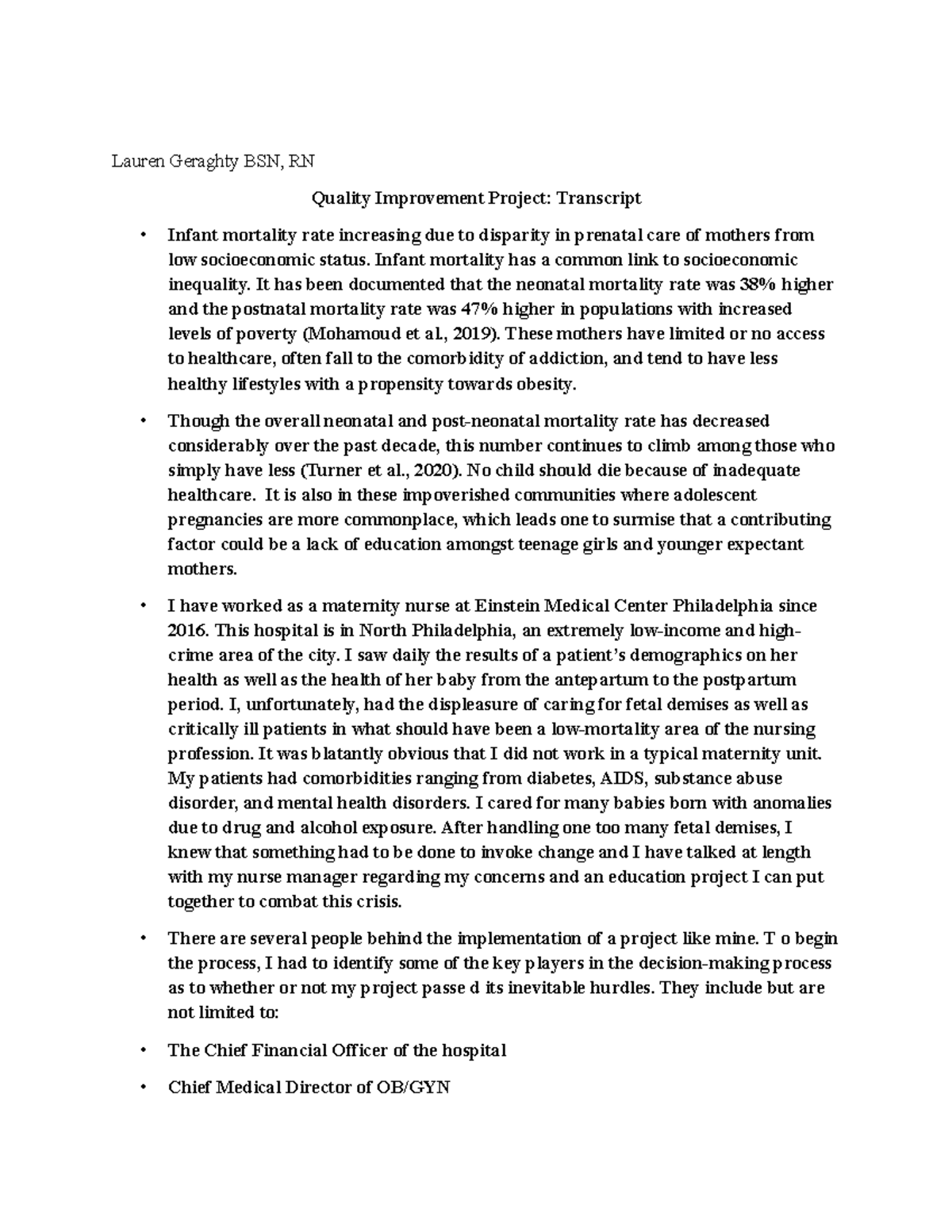 QIP Transcript - Project outline - Lauren Geraghty BSN, RN Quality ...