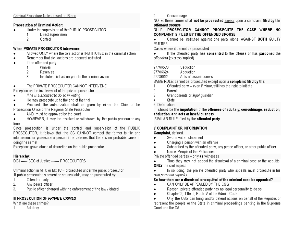 Crim Procedure Notes Riano - Criminal Procedure Notes based on Riano ...