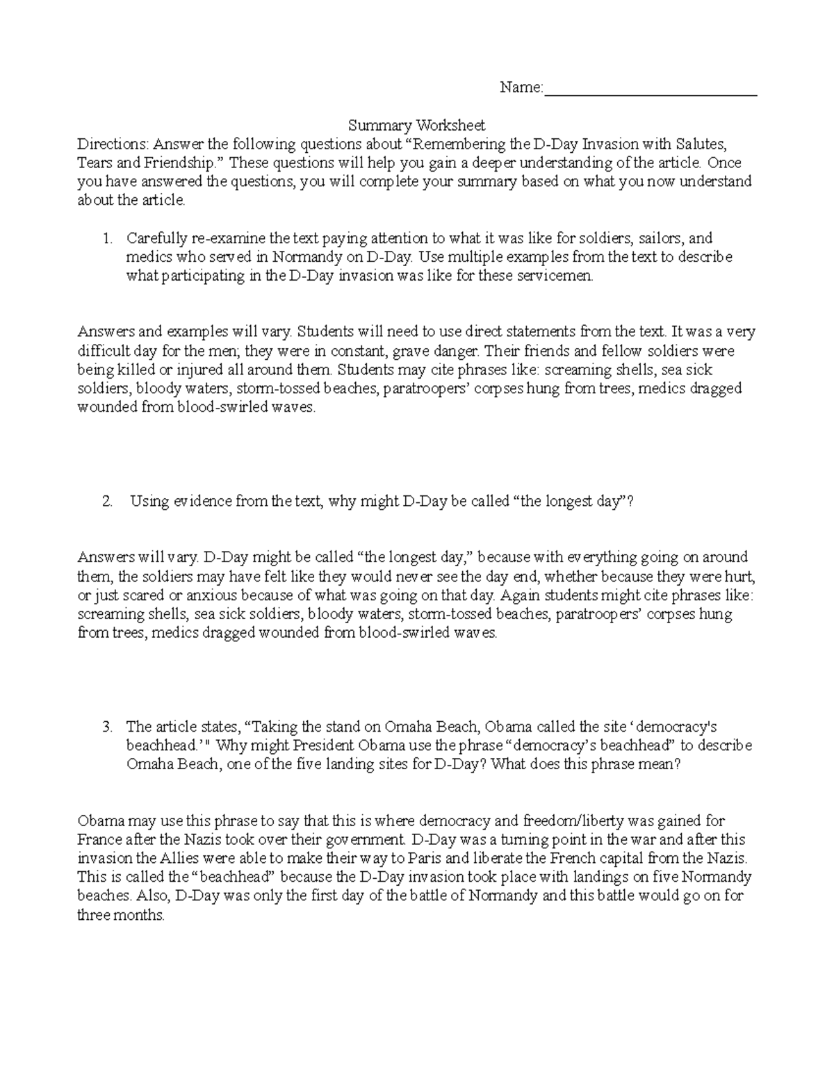 Summary worksheet key - hhhhn - Name:__________________________ Summary ...