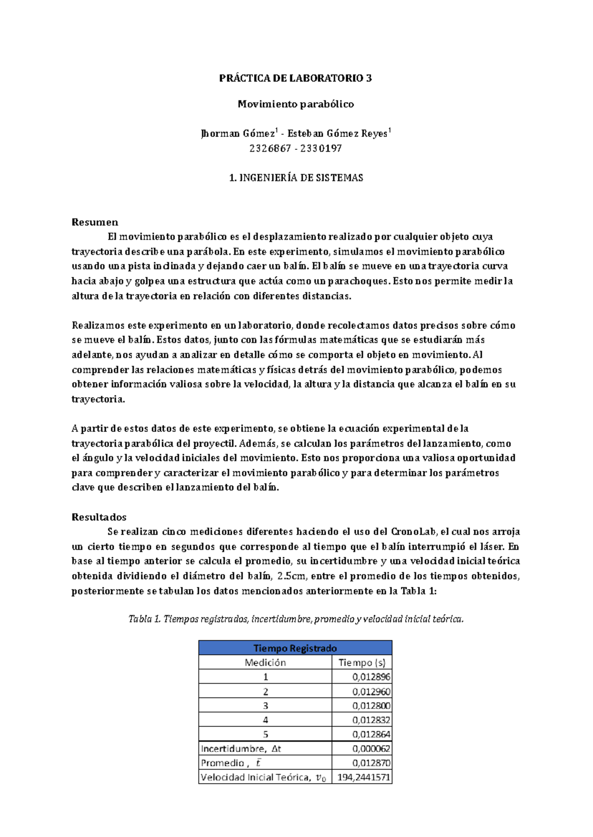 Movimiento Parabólico - PRÁCTICA DE LABORATORIO 3 Movimiento parabólico ...