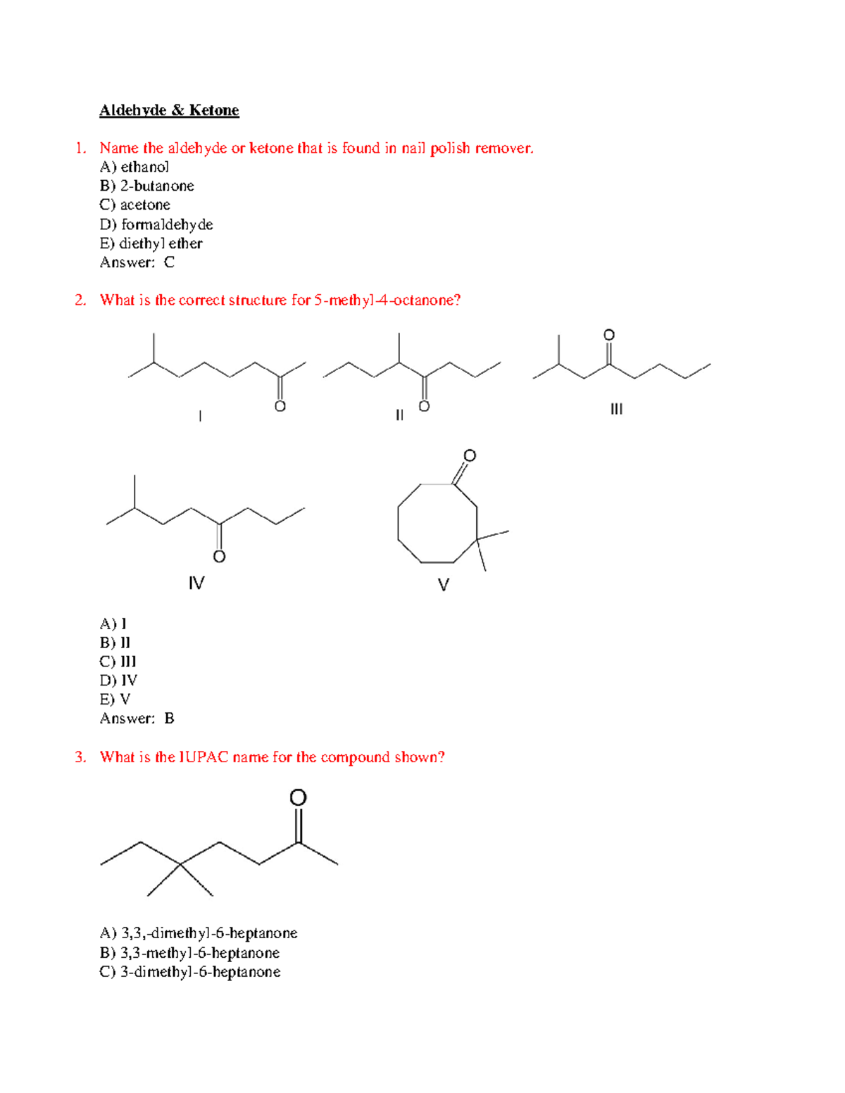 Practice Problems Carbonyl compounds answer key - Aldehyde & Ketone ...