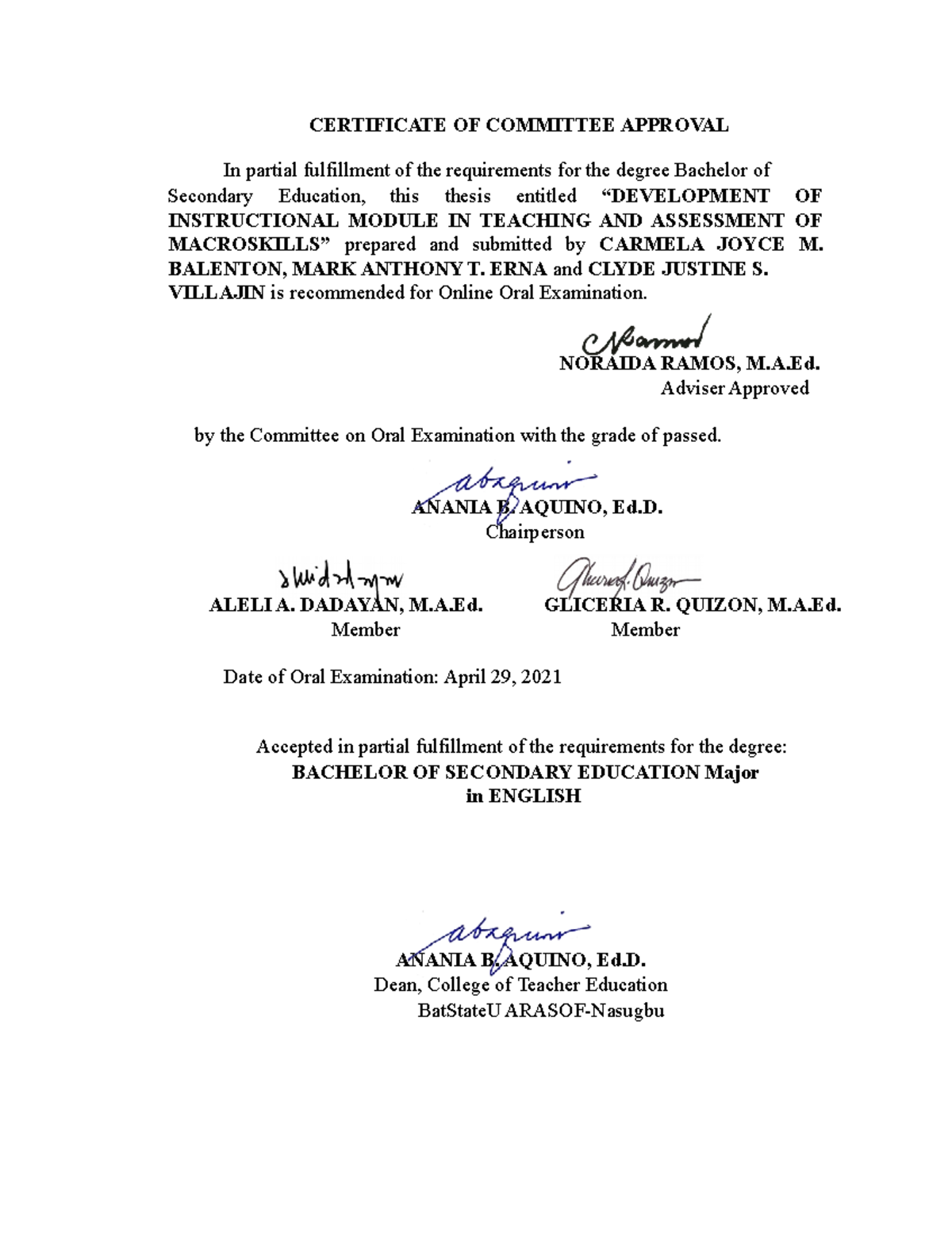Document - None - CERTIFICATE OF COMMITTEE APPROVAL In partial ...
