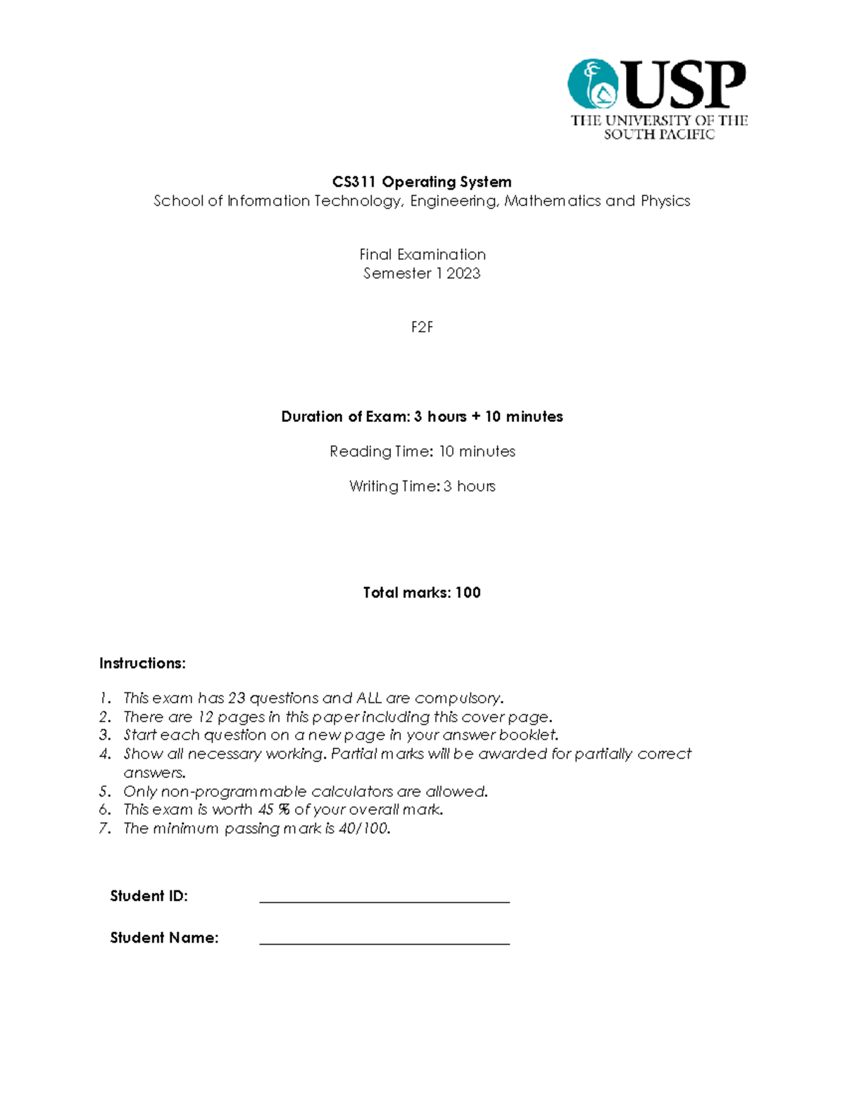 CS311 Final Exam (9th May 2023) - CS311 Operating System School of ...
