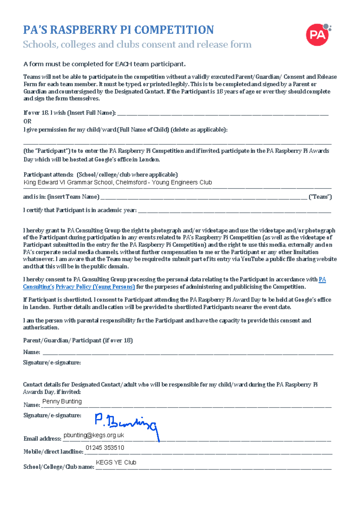 2024 PA Raspberry Pi Consent and Release Form digital editable - PA’S ...