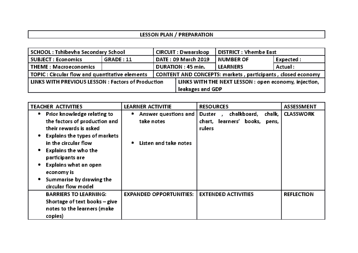2019 ECM Lesson PLAN Sample - LESSON PLAN / PREPARATION SCHOOL ...