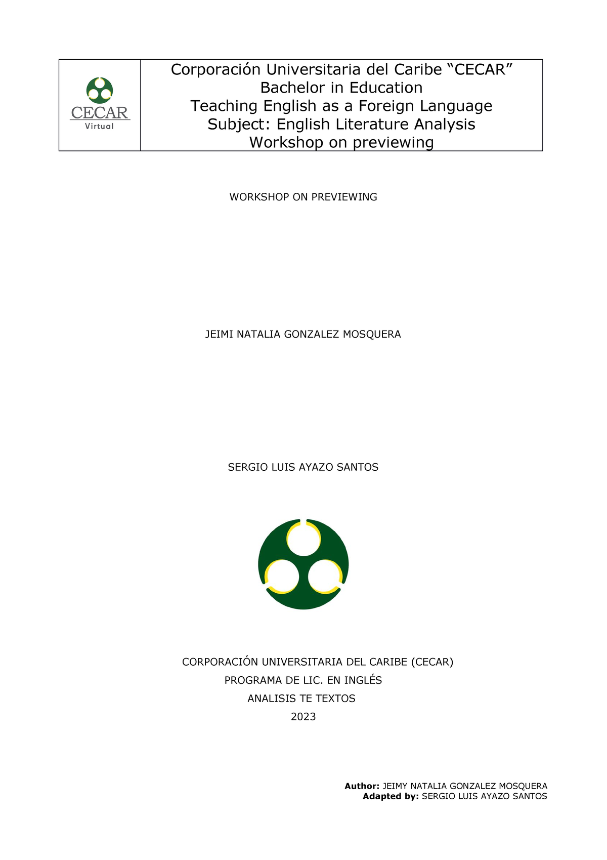 Workshop on previewing - Cecar - Bachelor in Education Teaching English ...