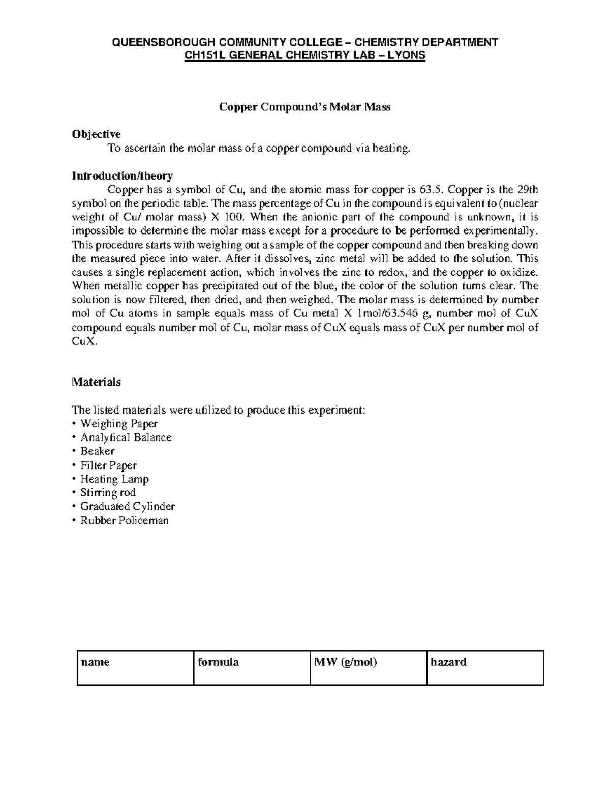 EXP 3 Lab sheet - lab report - CH151L GENERAL CHEMISTRY LAB – LYONS ...