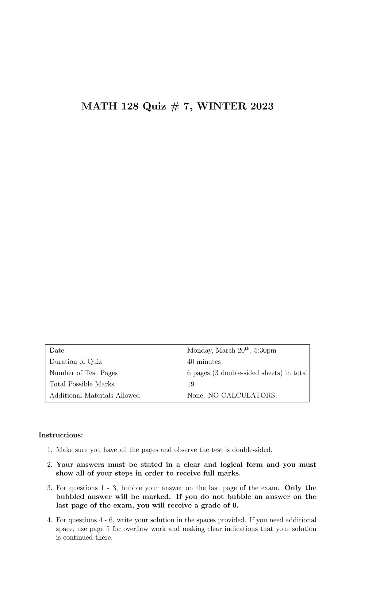 Quiz 7 - Good practice for quizzes and exams. - MATH 128 Quiz # 7 ...