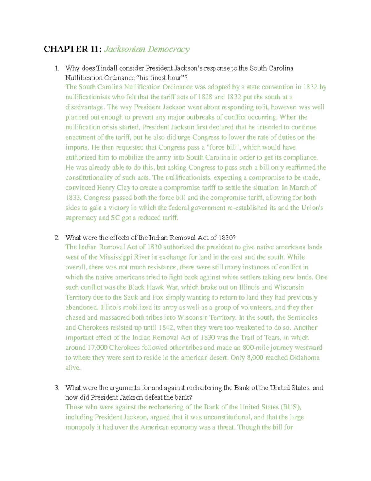 Chapter 11 HW Questions - CHAPTER 11: Jacksonian Democracy Why does ...