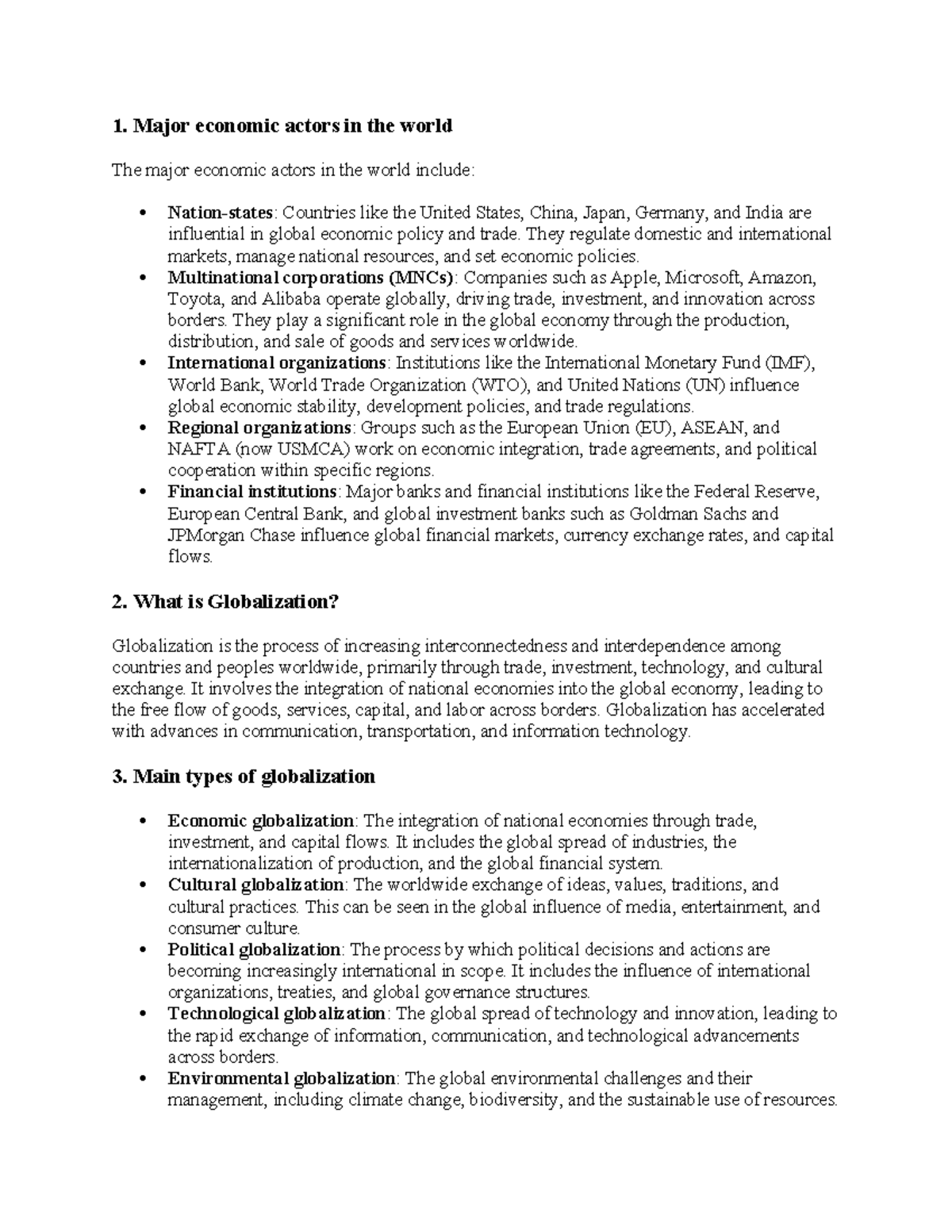 Week 1 Nền KTTG - Bài tập nền KTTG - 1 - 1. Major economic actors in ...