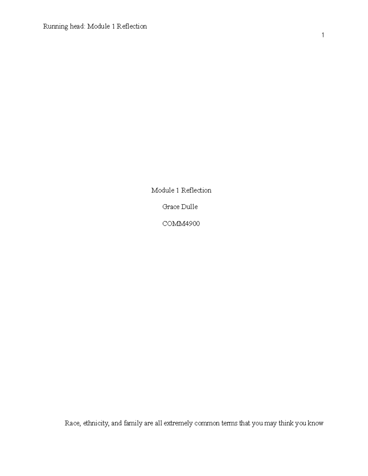 COMM4900- module 1 reflection -2 - Running head: Module 1 Reflection 1 Module 1 Reflection Grace ...