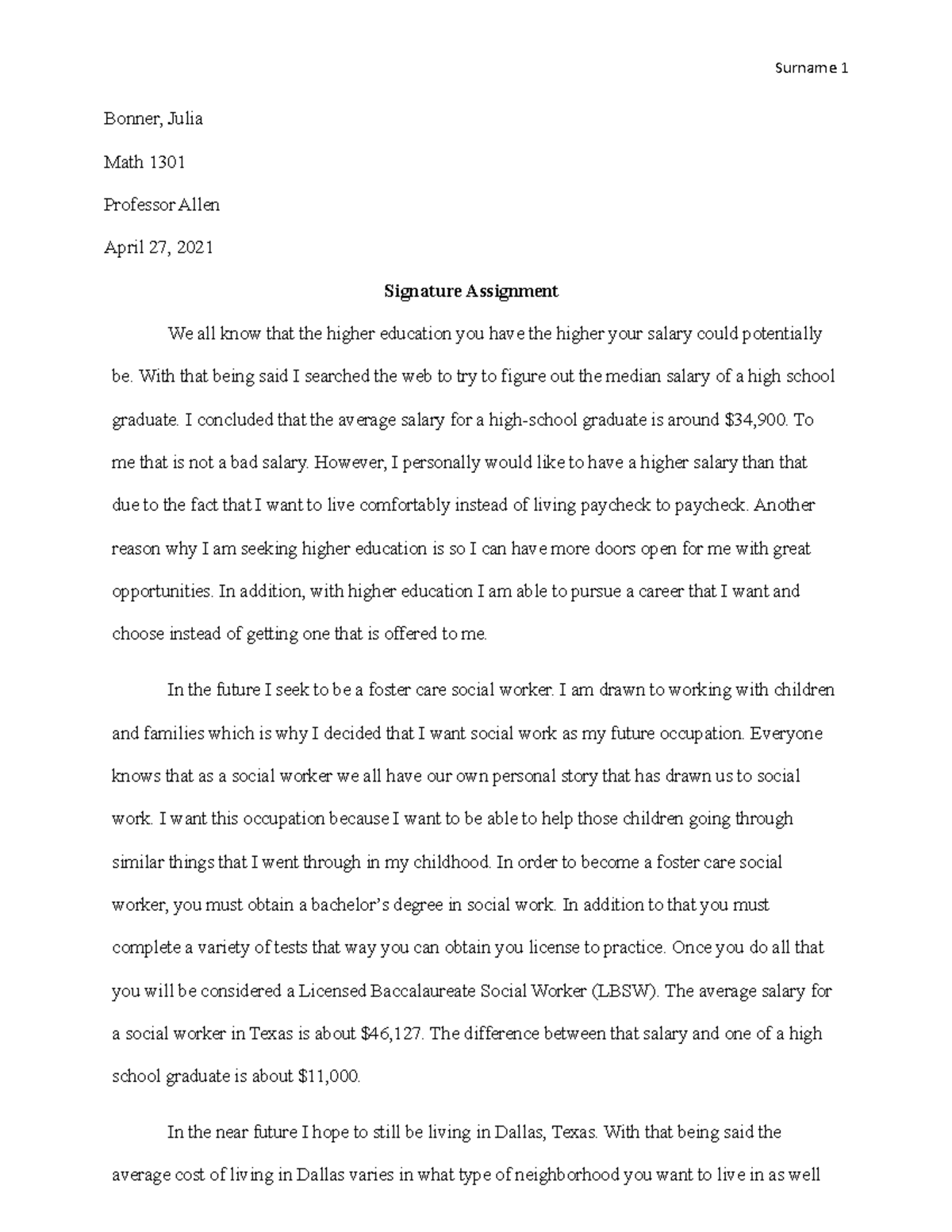 Signature Assignment final draft 1 - Bonner, Julia Math 1301 Professor ...