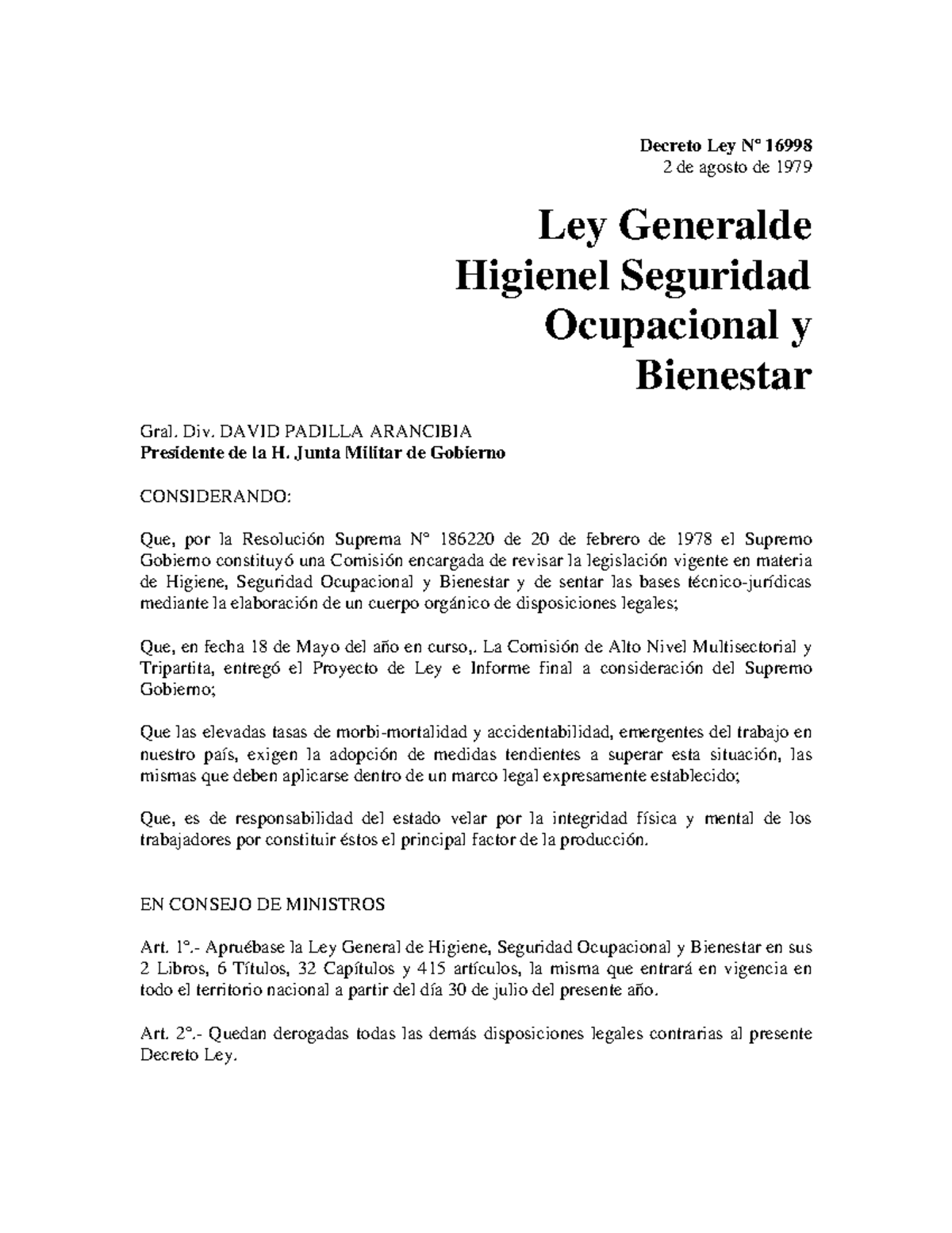 16998 LEY General DE Higiene Seguridad Ocupacional Y Bienestar - Decreto Ley Nº 16998 2 de ...