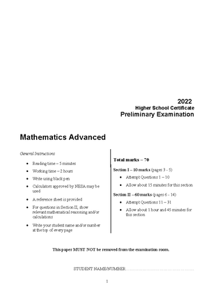 Year 11 preliminary advanced mathematics practice paper with solutions ...