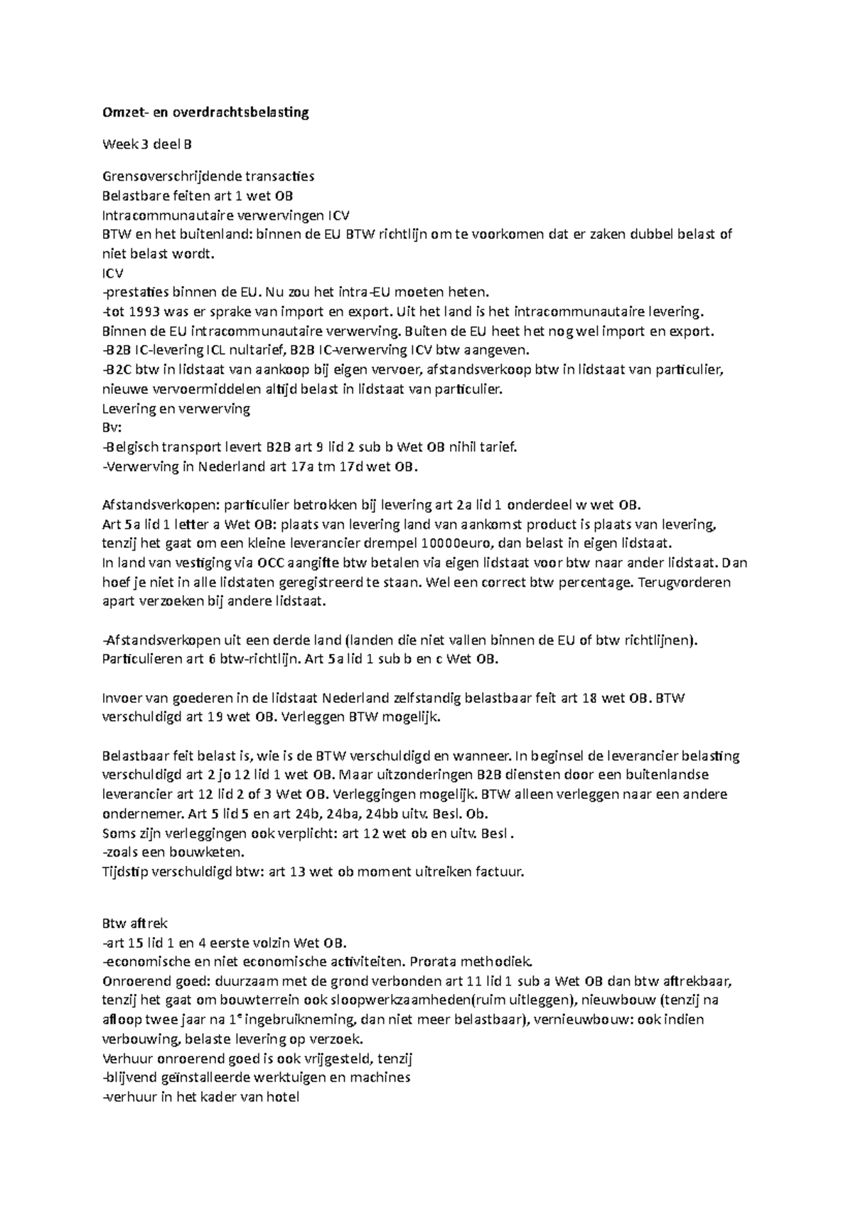 HC aantekeningen - Omzet- en overdrachtsbelasting Week 3 deel B ...