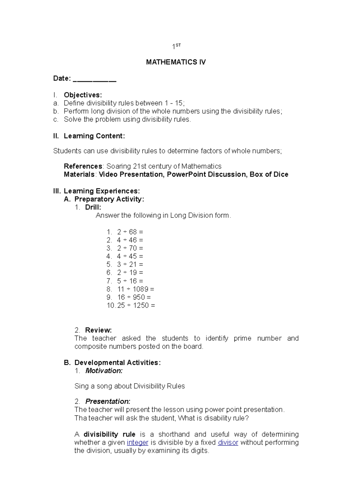 BEED 207 SEMI Lesson PLAN Divisibility - 1 ST MATHEMATICS IV Date: ___________ I. Objectives: a ...