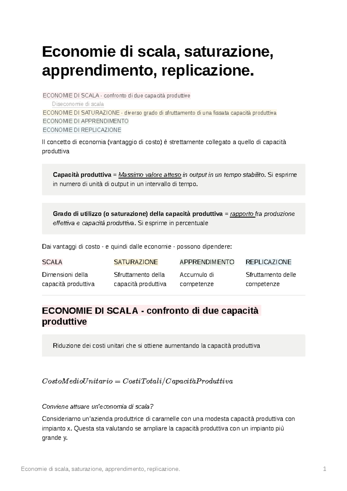 Economie di scala, saturazione, apprendimento e replicazione - 1 ...