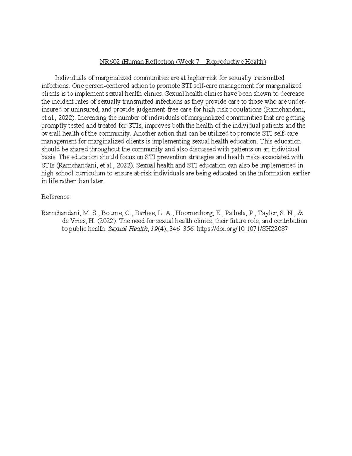 NR602 i Human Reflection (Week 7 - Reproductive Health) - NR602 iHuman ...