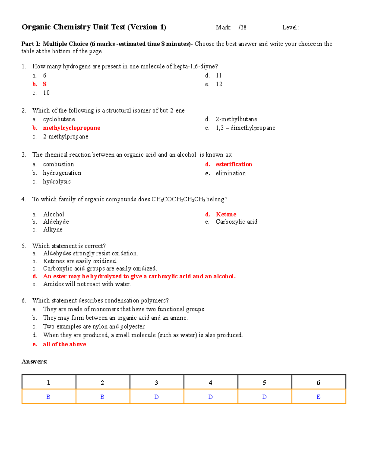 Copy of Organic Unit Test - April 2023 Version 1 - Organic Chemistry ...