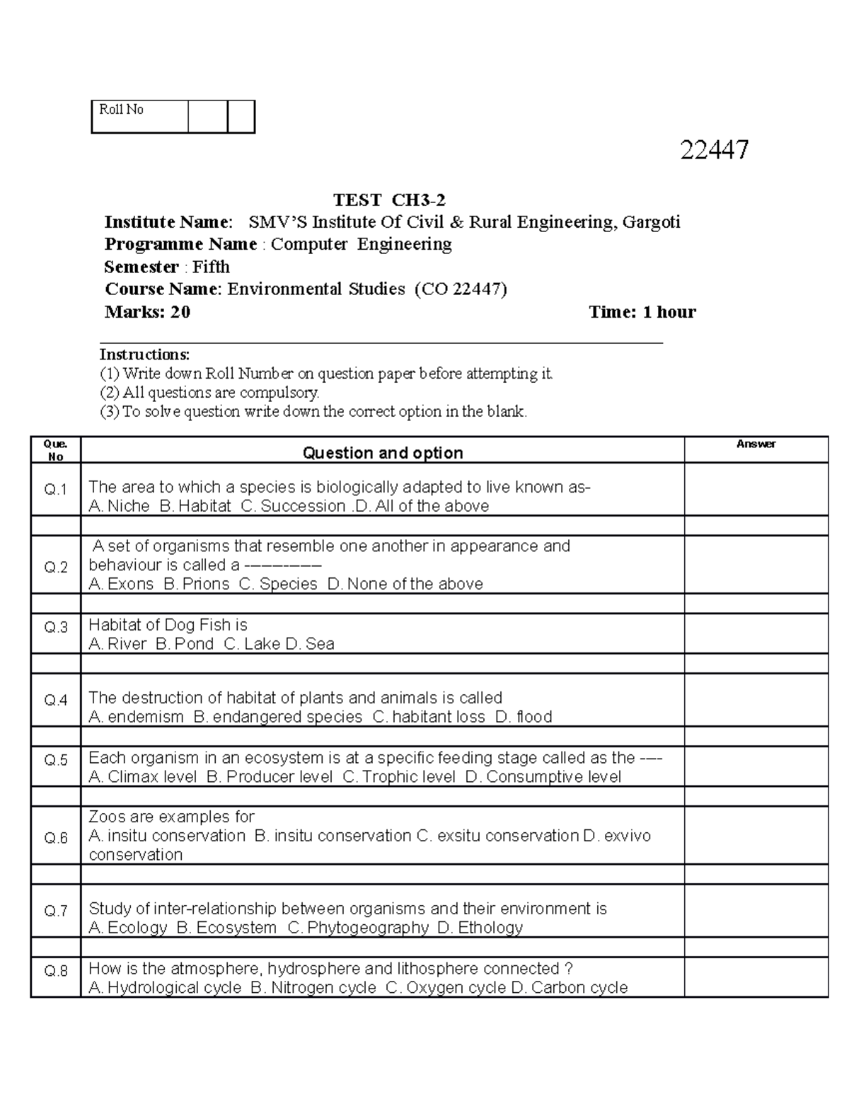 EST 22447 CH3-2 - Est sample papers - Roll No 22447 TEST CH3- Institute ...