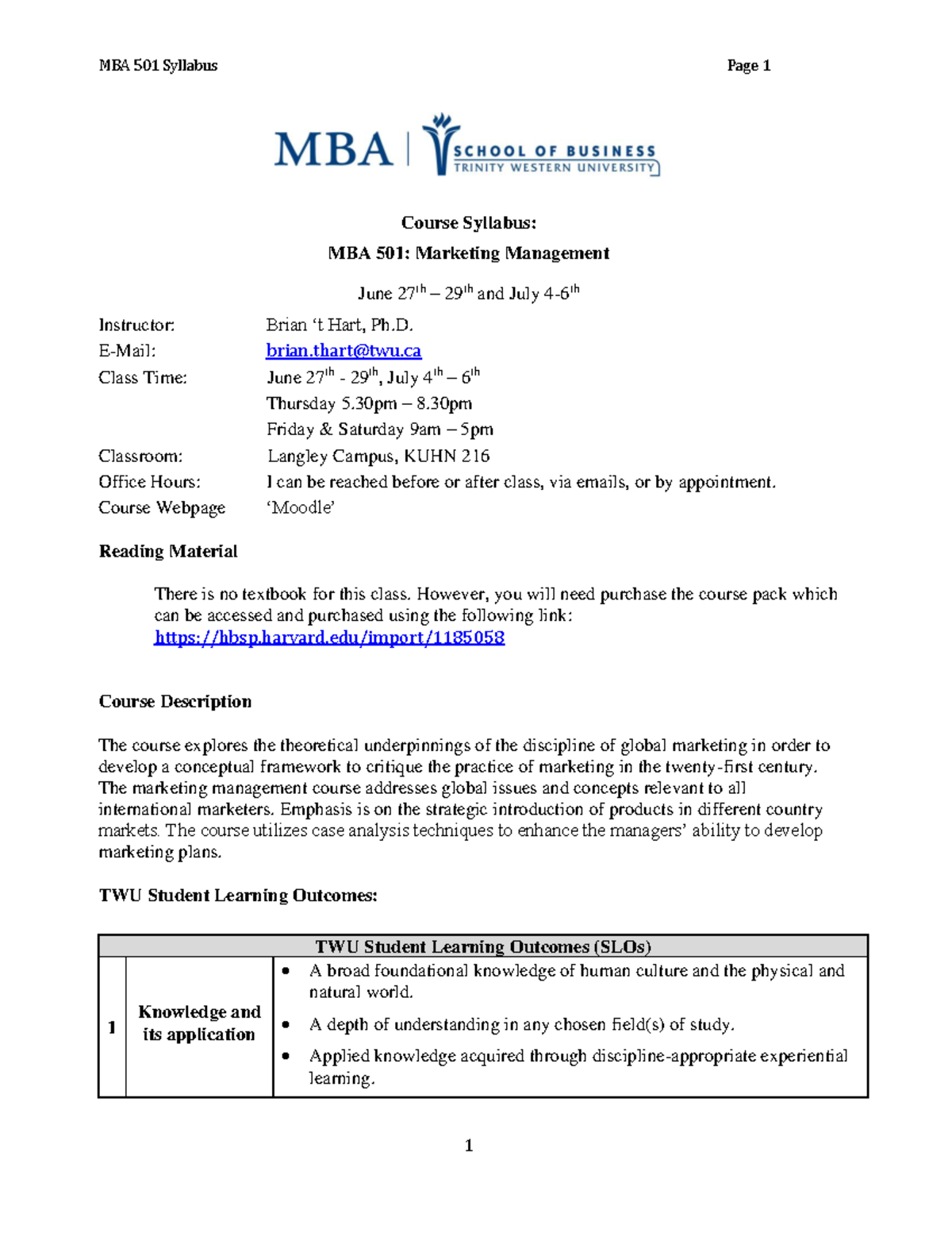 MBA 501 MBA501 - 10 t Hart - Course Syllabus: MBA 501: Marketing ...