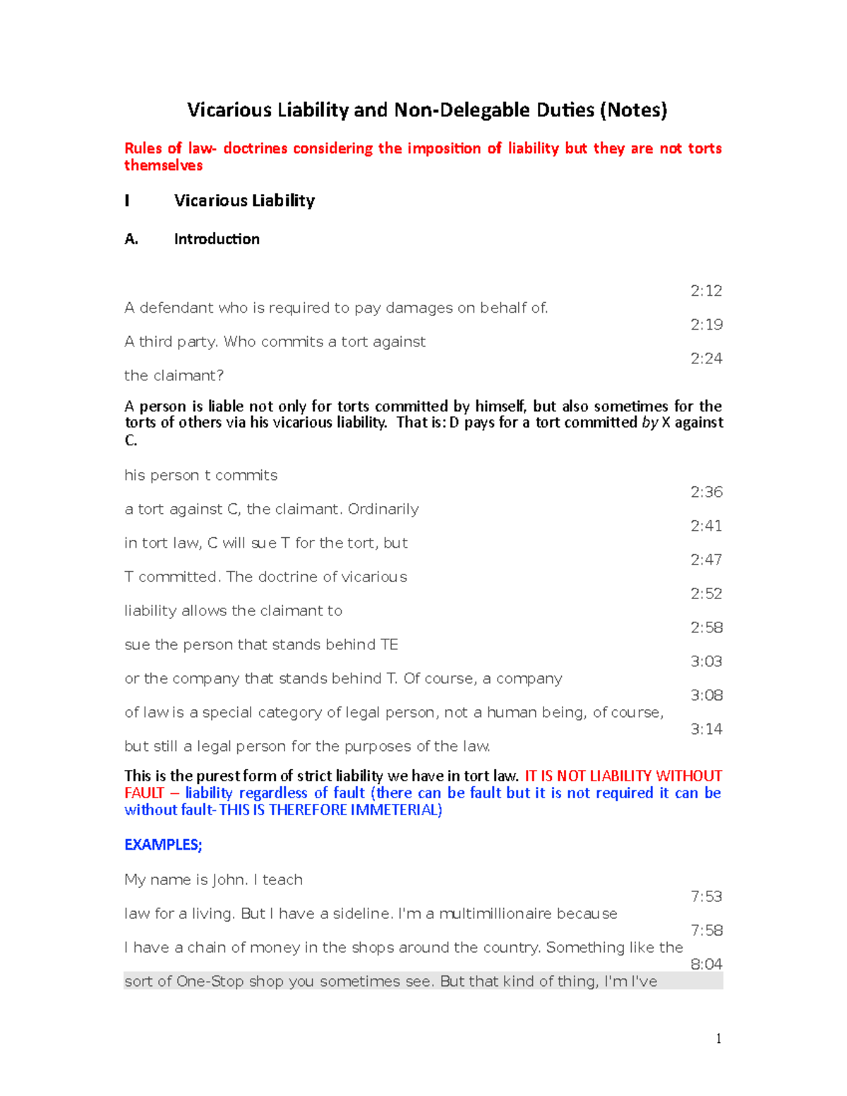 Vicarious Liability and Non-Delegable Duties (Notes) - Introduction 2 ...