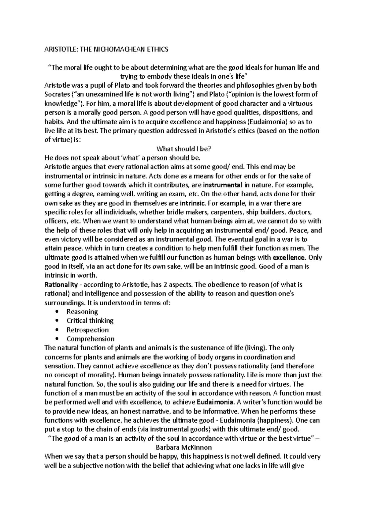 Aristotle - notes for sem 2 - ARISTOTLE: THE NICHOMACHEAN ETHICS “The ...