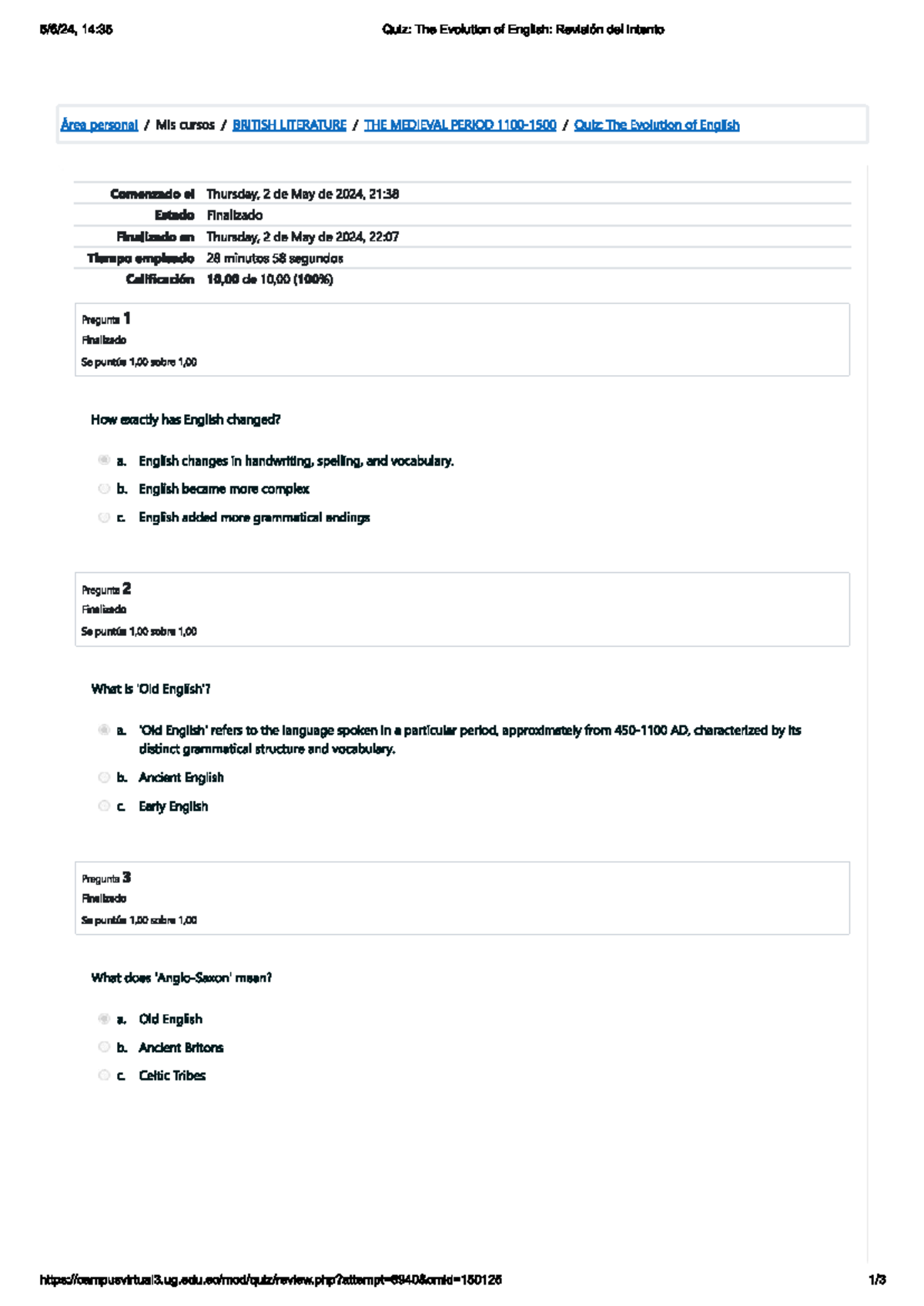 Quiz 1 DE Literatura The Evolution of English Revisión del intento - 14 ...