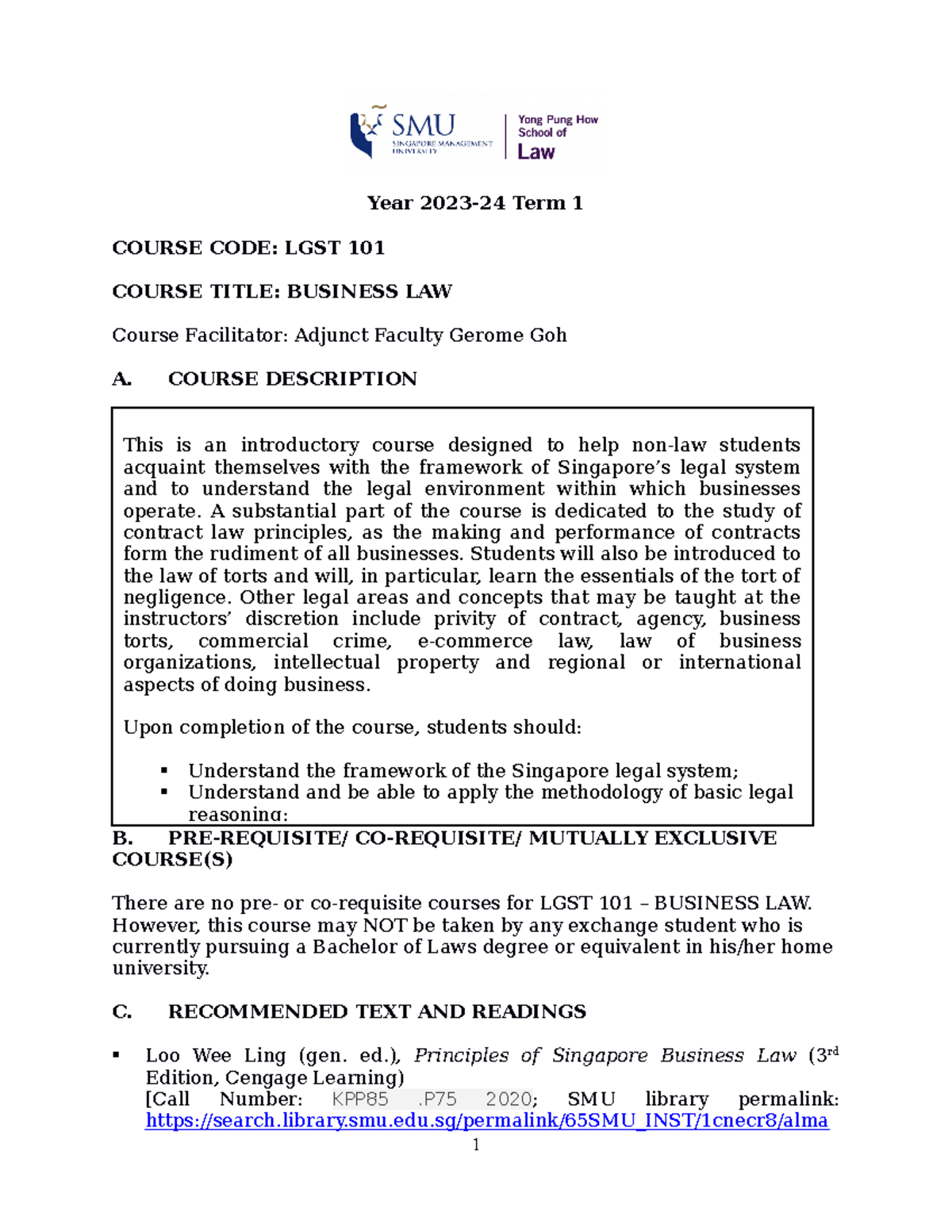 Business Law Individual Course Outline (Gerome Goh) - Year 2023-24 Term ...