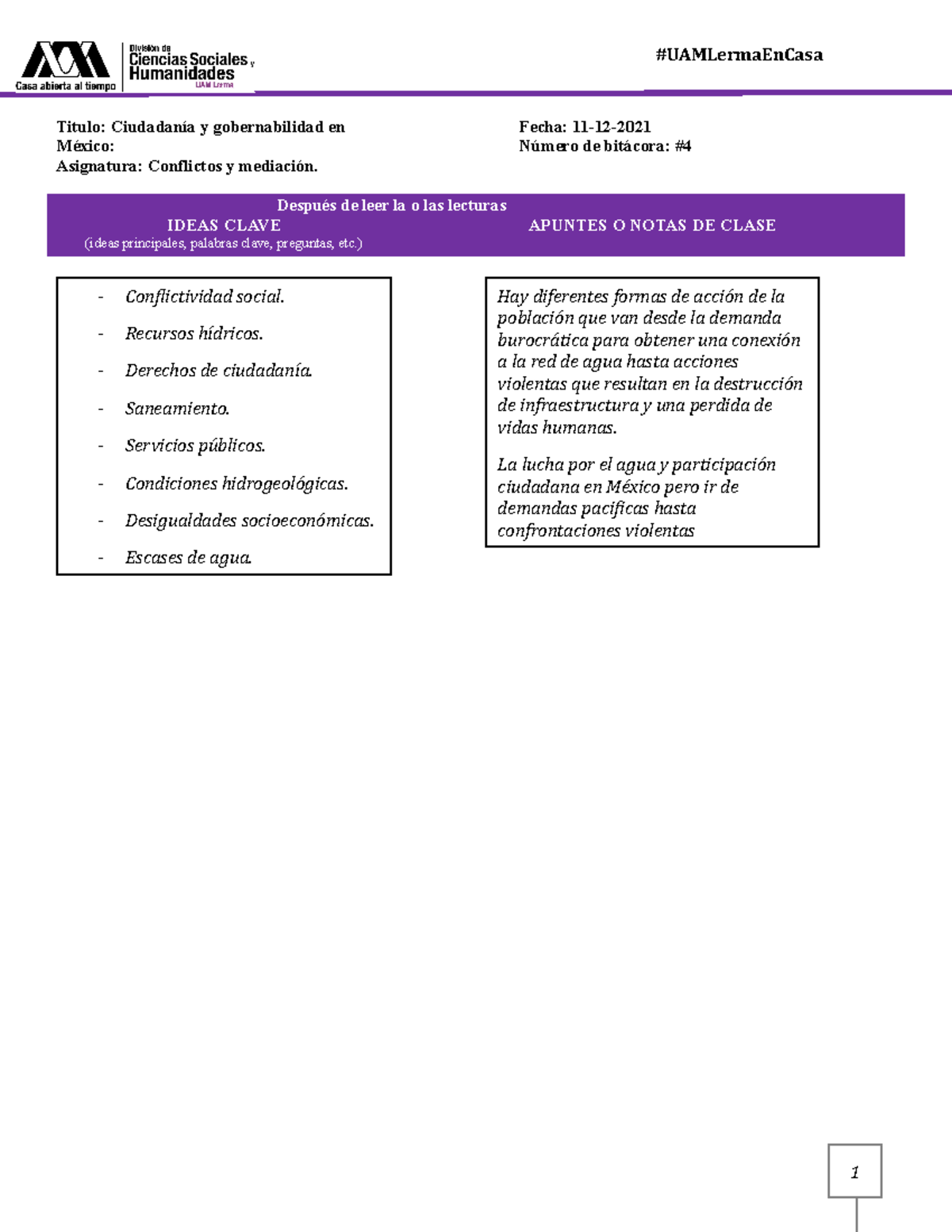 Bitacora 4 UEA - 1 #UAMLermaEnCasa Titulo: Ciudadanía y gobernabilidad ...