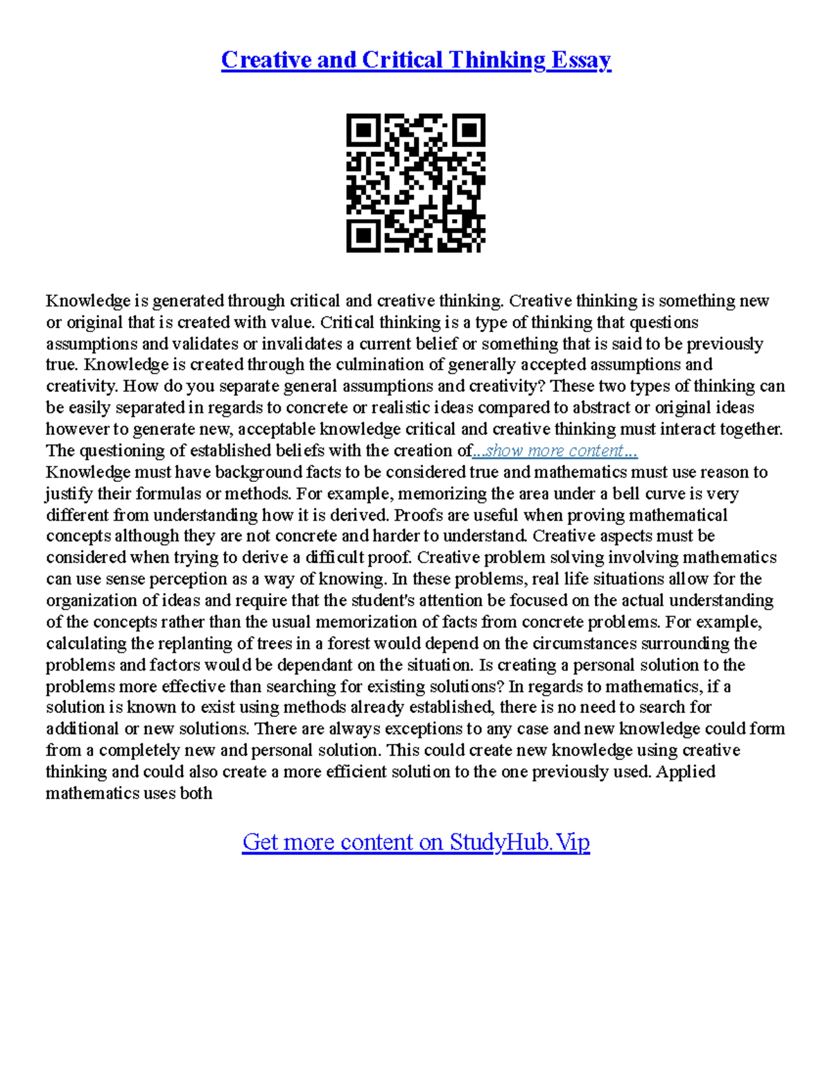 Creative Essay Examples - Creative and Critical Thinking Essay ...