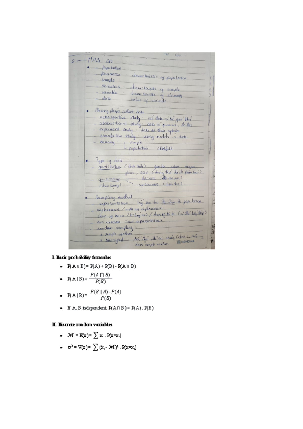 Tổng hợp công thức MAS291 - I. Basic probability formulas P(A ⋃ B) = P(A) + P(B) - P(A⋂ B) P(A ...