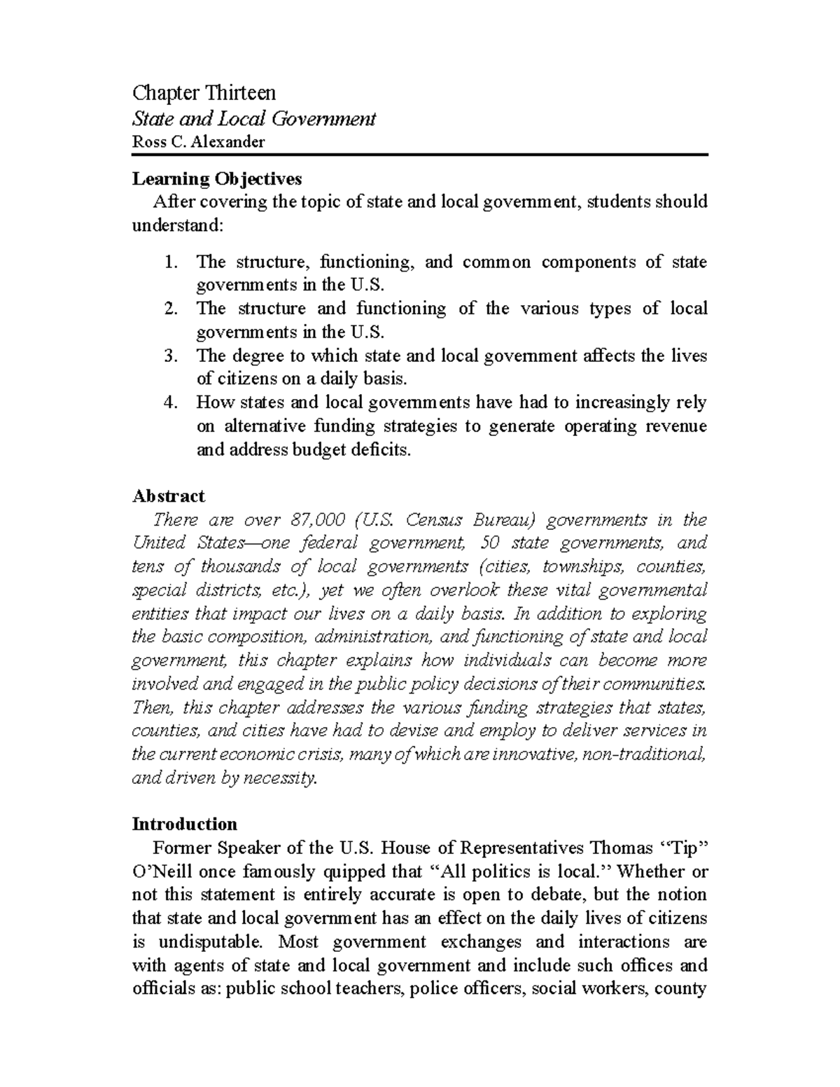 Textbook Chapter 13 - Chapter Thirteen State and Local Government Ross ...