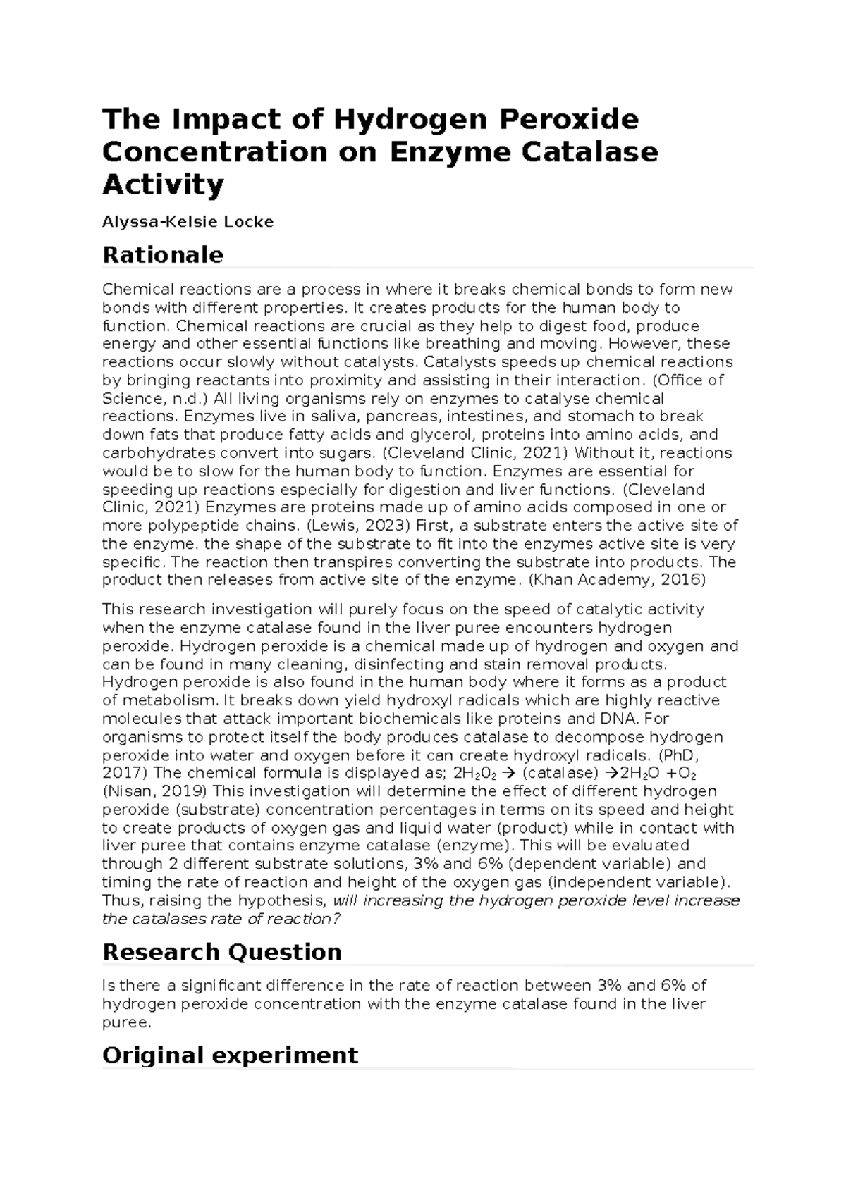 The Impact of Hydrogen Peroxide Concentration on Enzyme Catalase ...