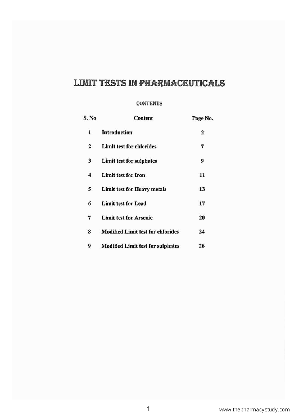 Limit Tests Notes - LIMIT TESTS IN PHARMACEUTICALS cONTENTS .No Content ...