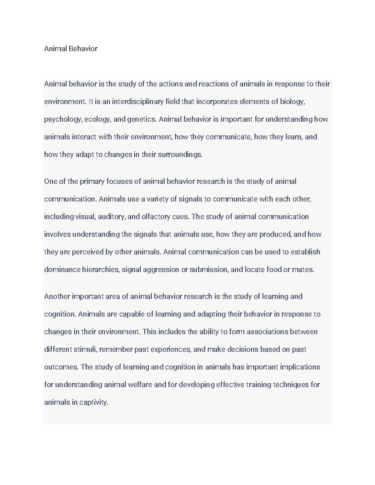 Animal Behavior - Animal Behavior Animal behavior is the study of the ...