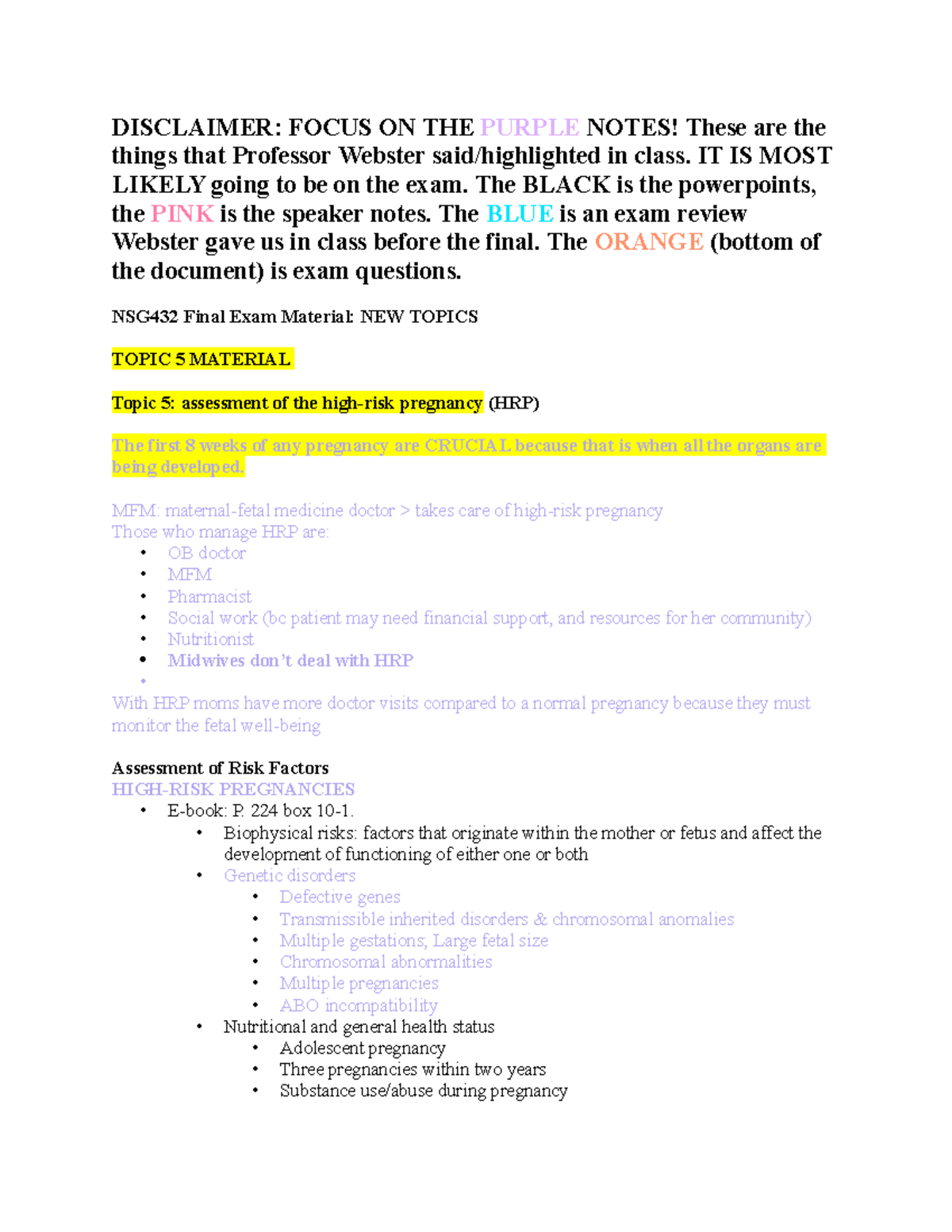 NSG432 Final Exam Material - DISCLAIMER: FOCUS ON THE PURPLE NOTES ...