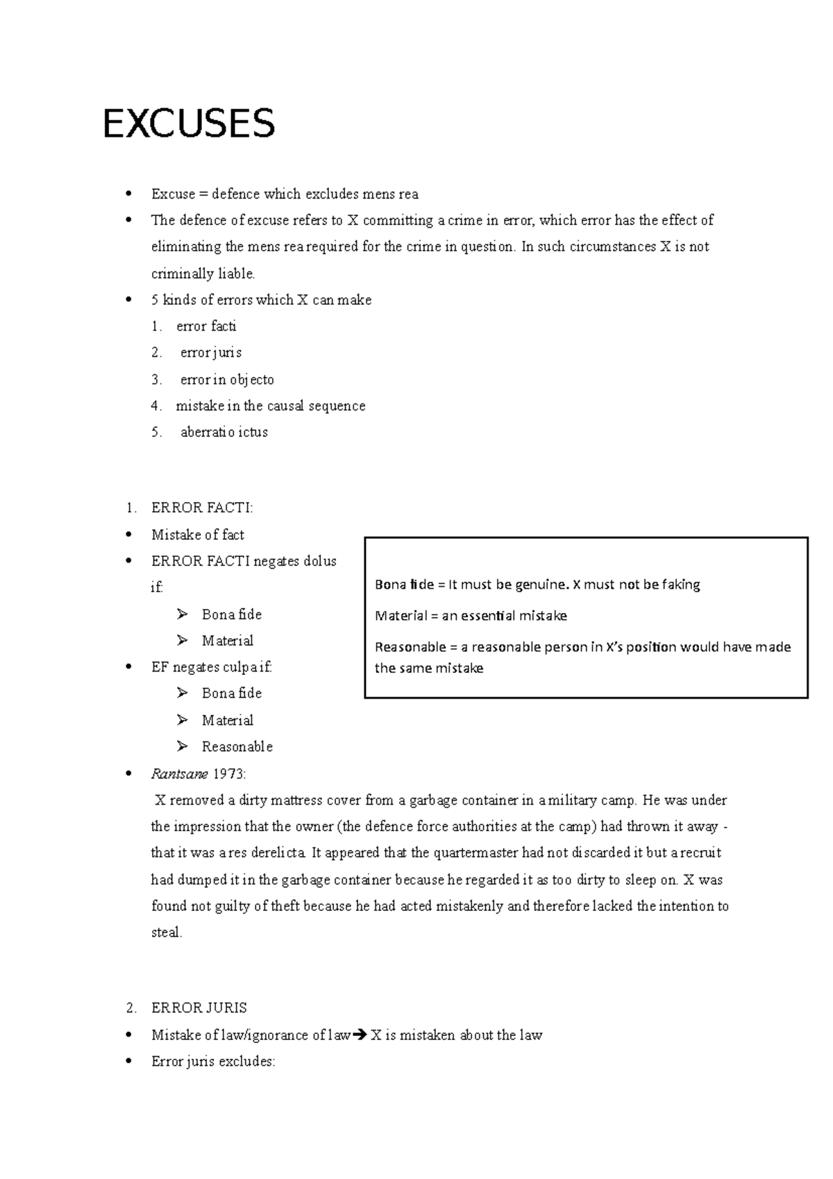 Excuses - Lecture notes 20 - EXCUSES Excuse = defence which excludes ...