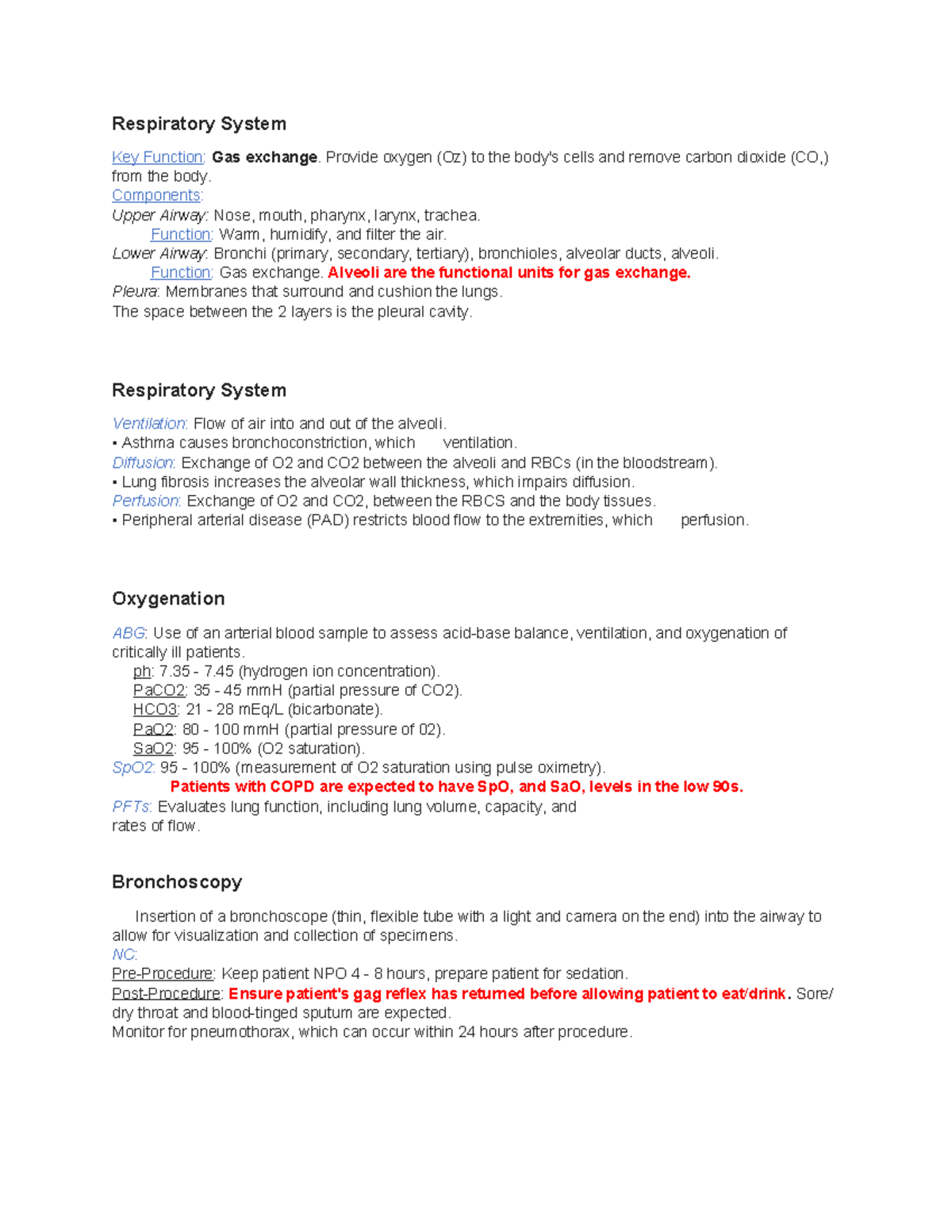 Med surg flash cards - study review - Respiratory System Key Function ...