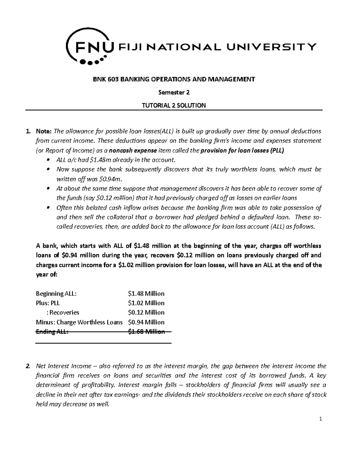 BNK 603- Tutorial 2 Solutions(print) - BNK 603 BANKING OPERATIONS AND ...
