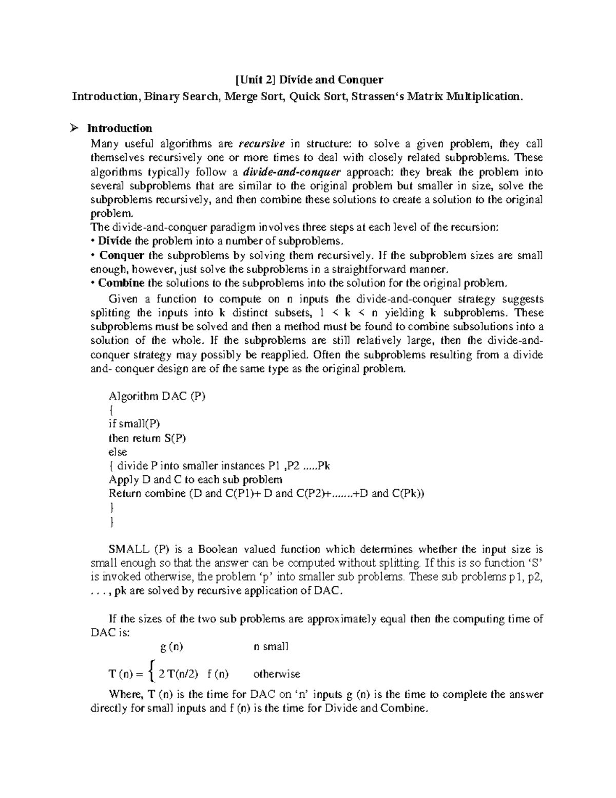 DAA Notes UNIT 2 - [Unit 2] Divide and Conquer Introduction, Binary ...