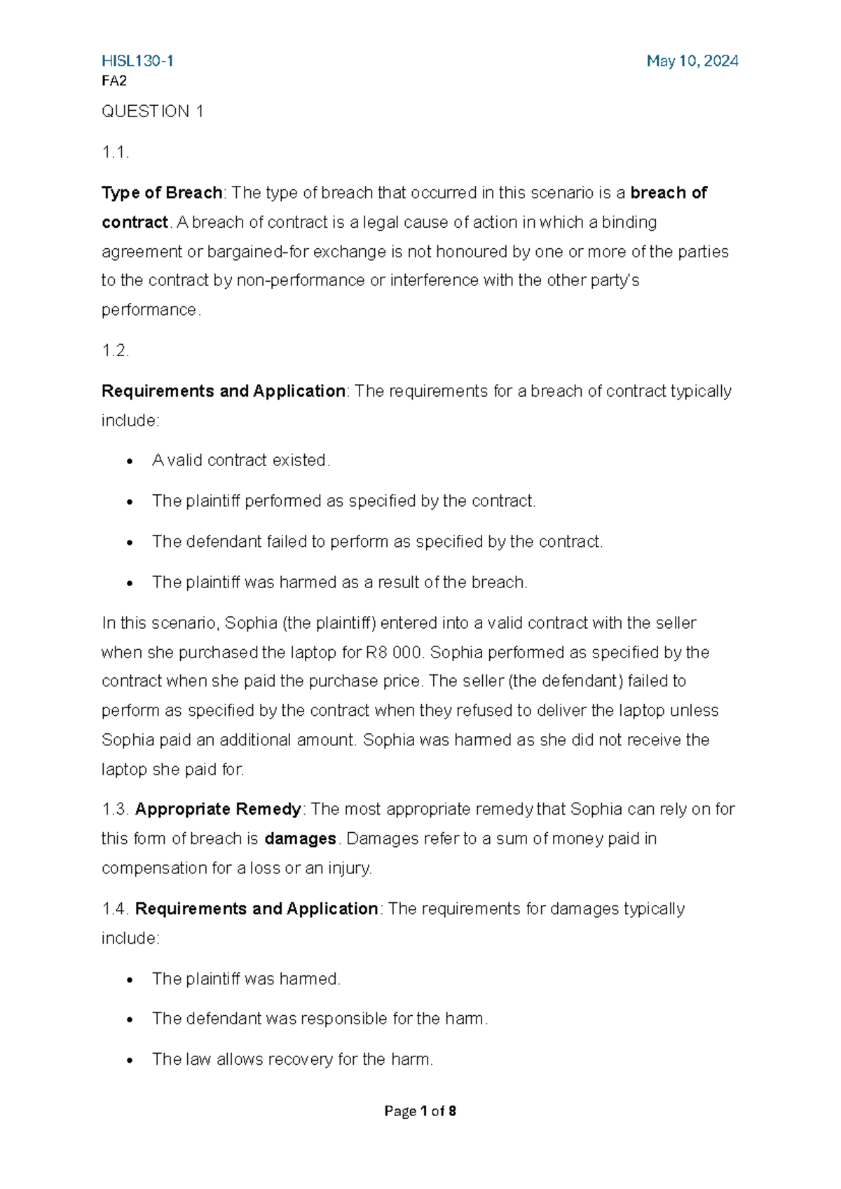 FA2 HISL130 1052024 - My answer booklet for FA2. - FA QUESTION 1 1 ...