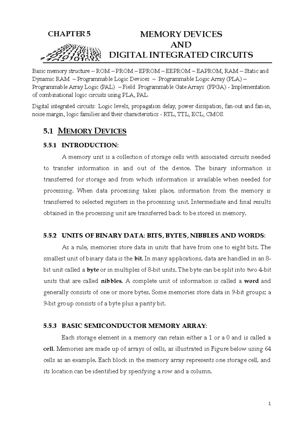 Unit 5 logic Families and PLDs - CHAPTER 5 MEMORY DEVICES AND DIGITAL INTEGRATED CIRCUITS Basic ...