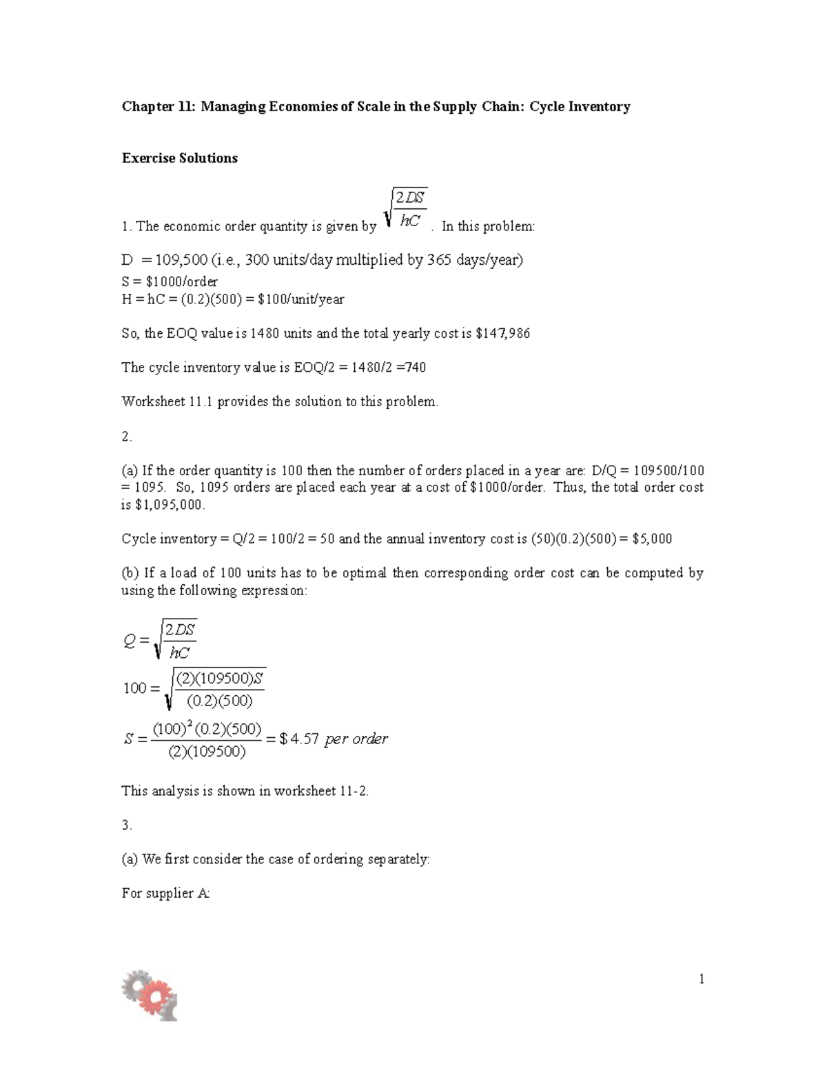 Pdfcoffee - solved problems - Chapter 11: Managing Economies of Scale in the Supply Chain: Cycle ...