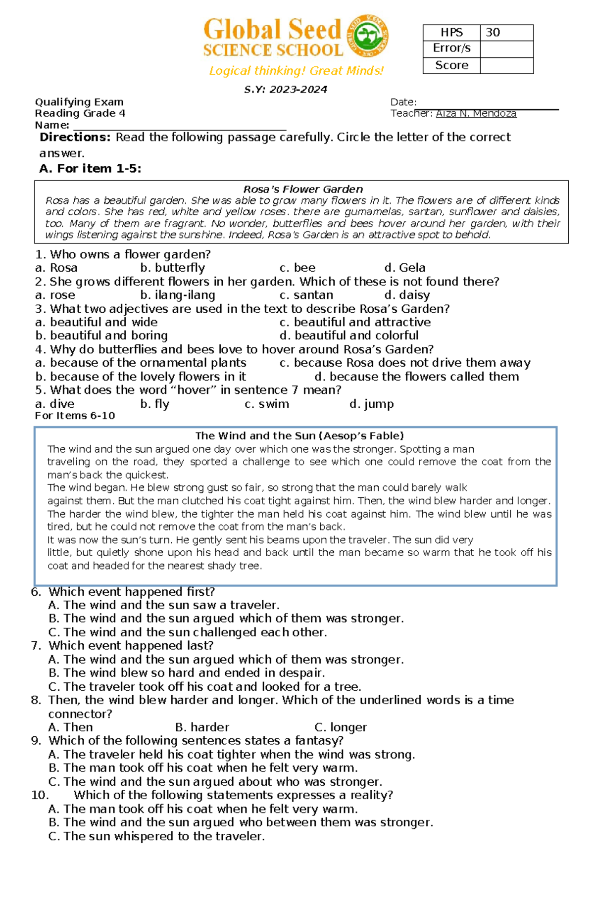 Grade 4 Reading Qualifying exam - Logical thinking! Great Minds! S ...