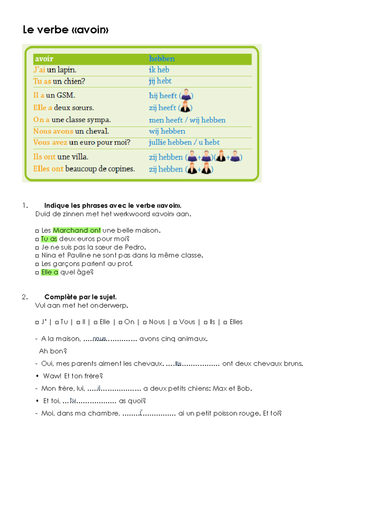 Les verbes avoir et être (1) - Le verbe «avoir» 1. Indique les phrases ...