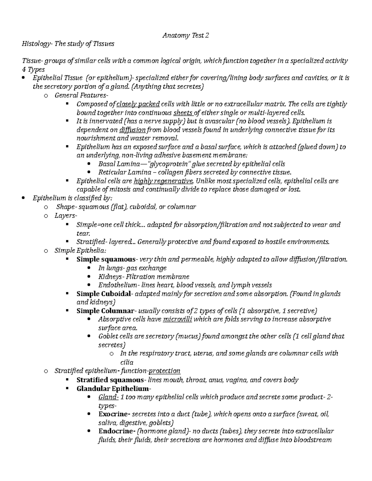 Anatomy Test 2 - Histology/ Tissue Lecture - Anatomy Test 2 The study ...