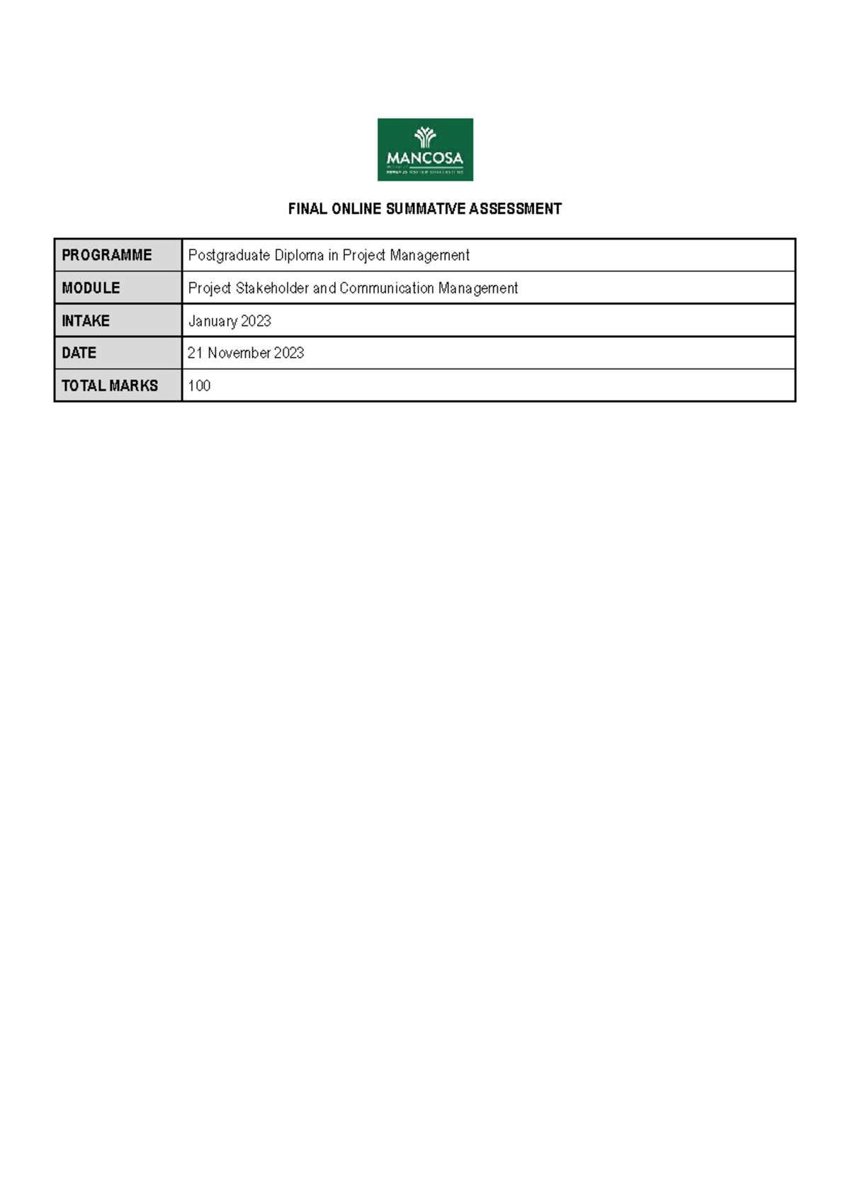 OSA Jan23 Pgdpm PSCM8 Final 20231025105400 - FINAL ONLINE SUMMATIVE ...