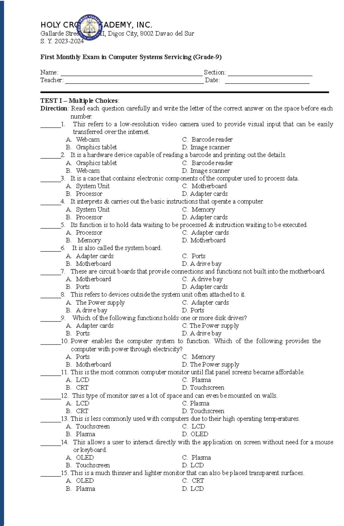 CSS 9 1st Monthly Exam - Exam in CSS9 - HOLY CROSS ACADEMY, INC ...